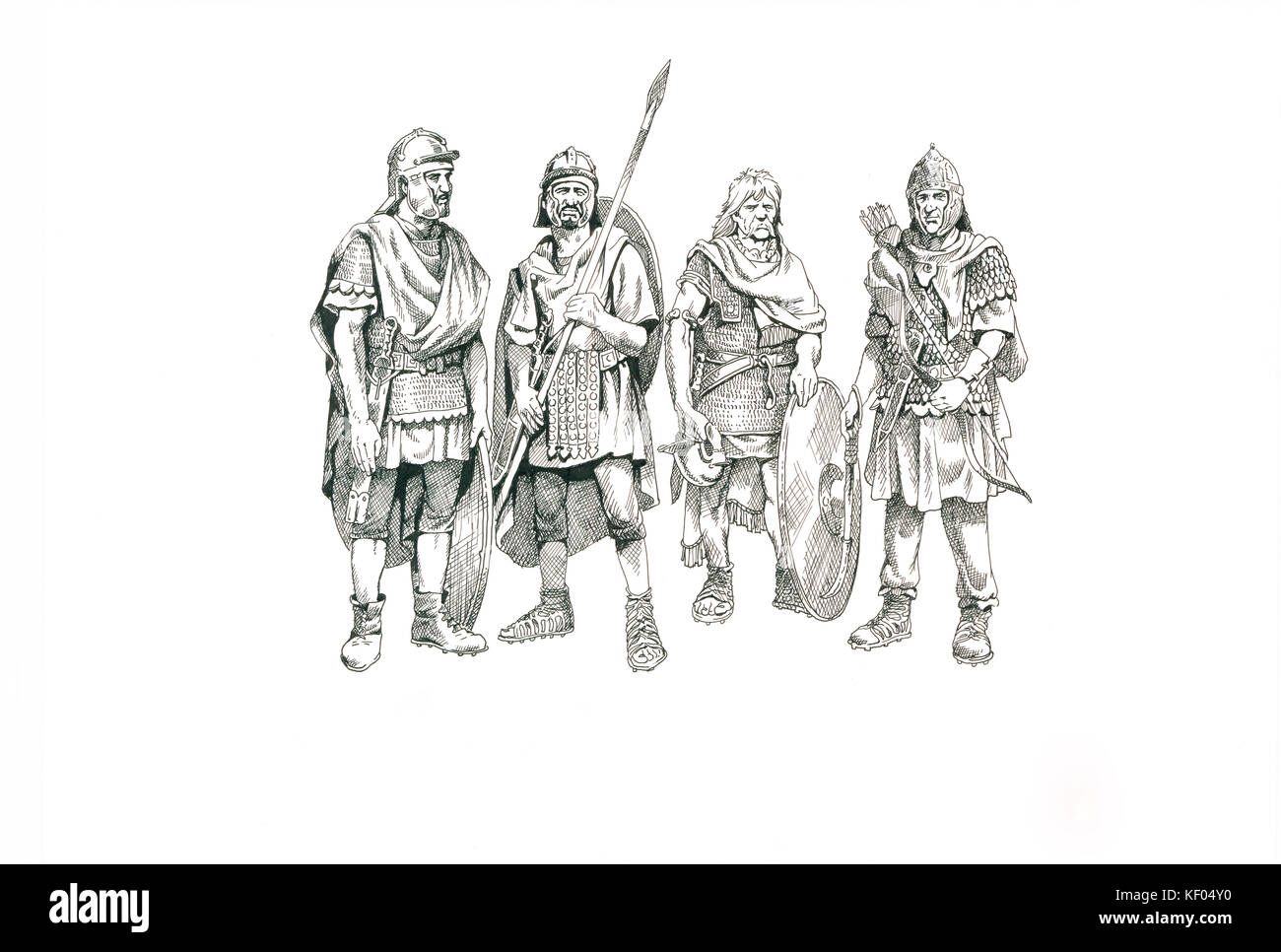 Hadrian's Wall. Reconstruction line drawing of four soldiers in full ...