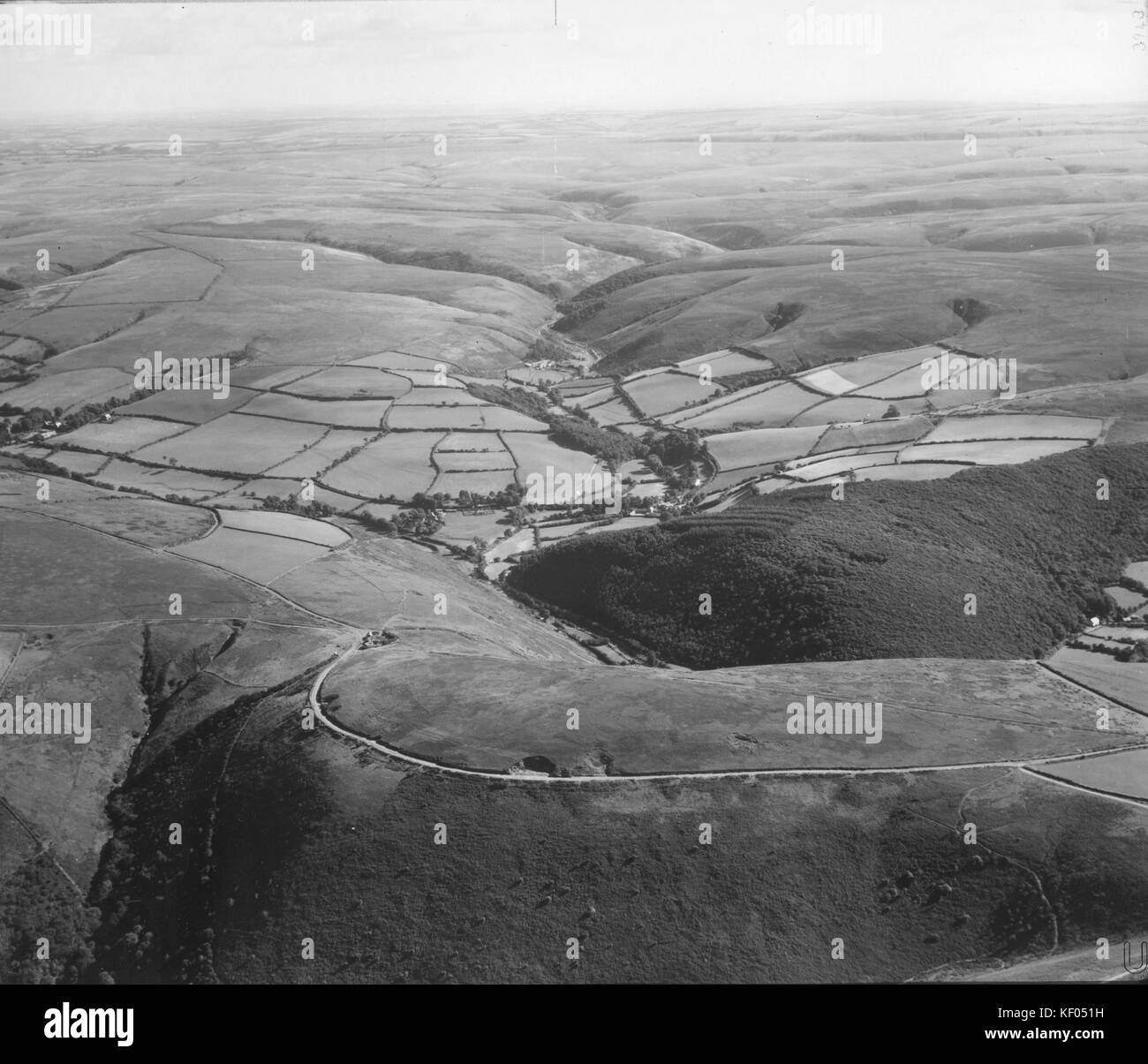 County Gate and Cosgate Hill, Exmoor, Devon. An aerial view of County ...