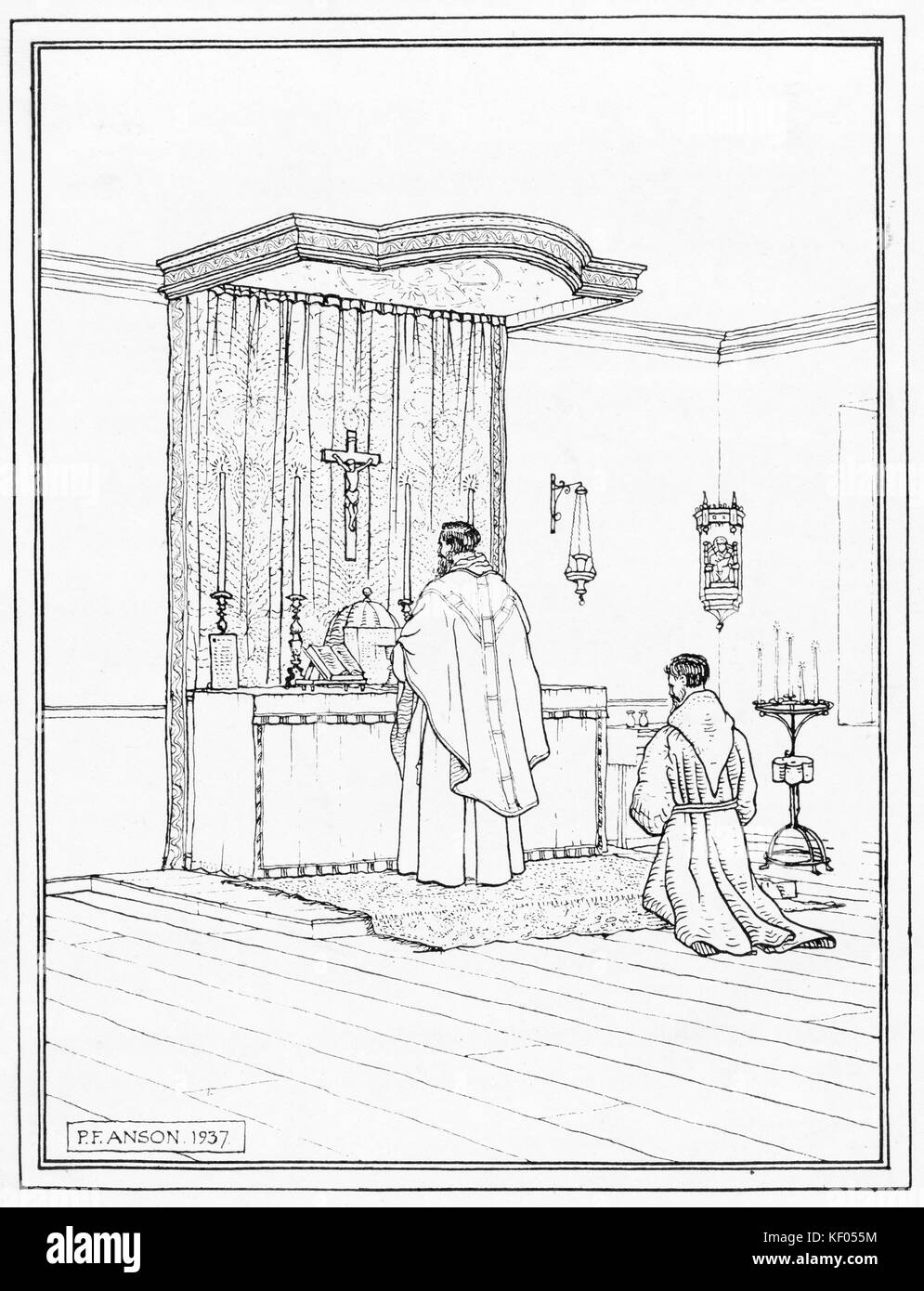 GREYFRIARS, Walsingham, Norfolk. Pen and ink sketch showing interior ...
