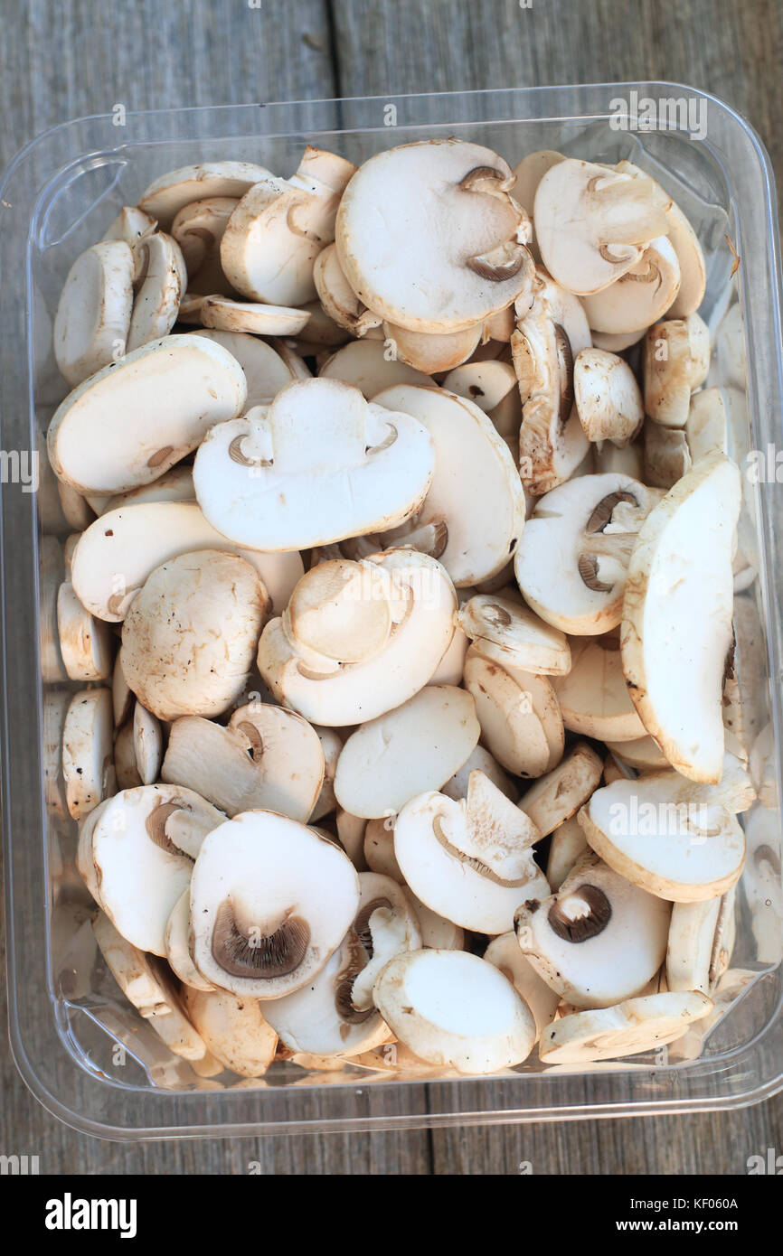 Close up of Sliced Agaricus bisporus or known as White Button Mushrooms ...