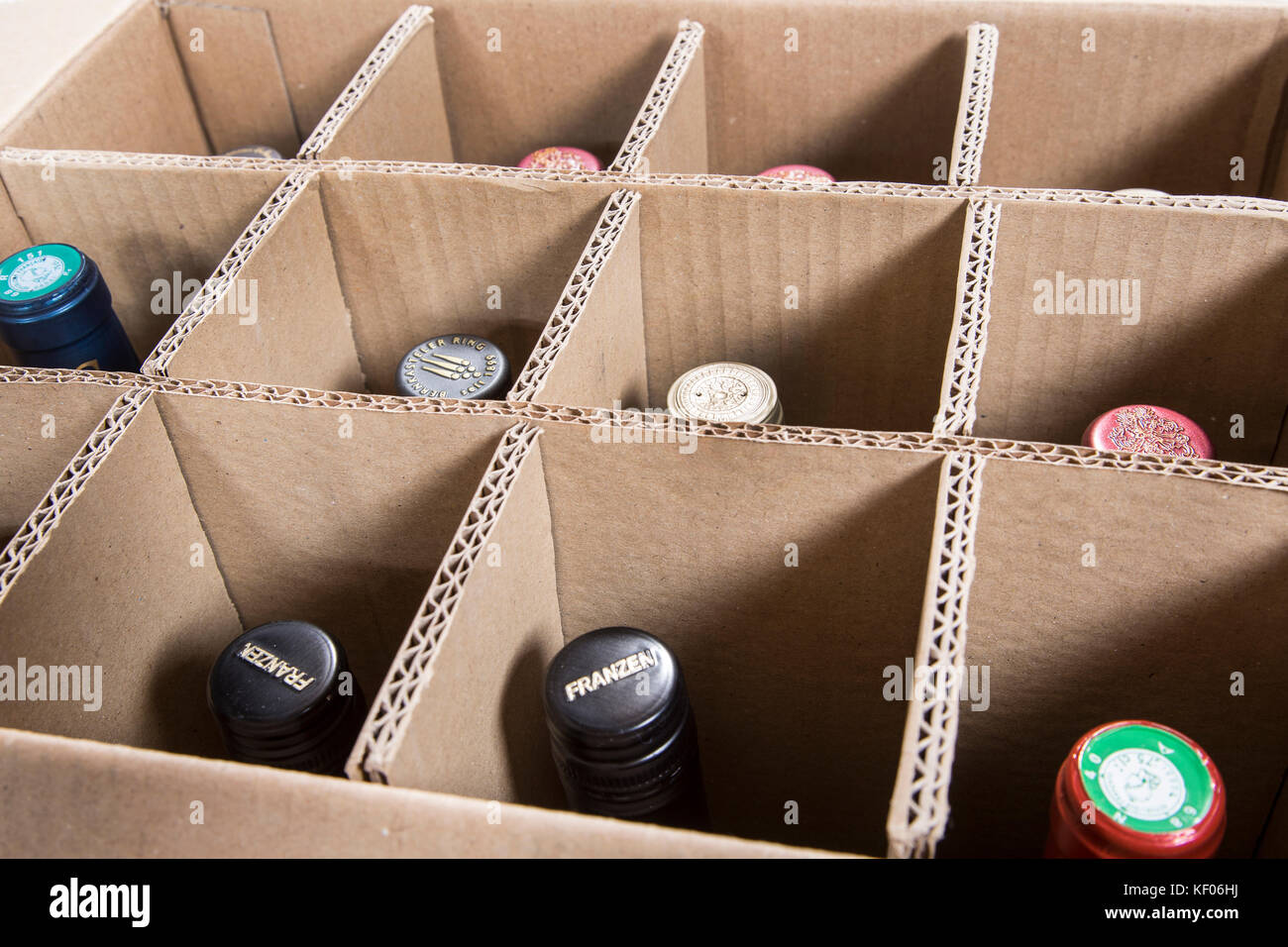 A 12 bottle cardboard wine box photographed on a white background Stock ...