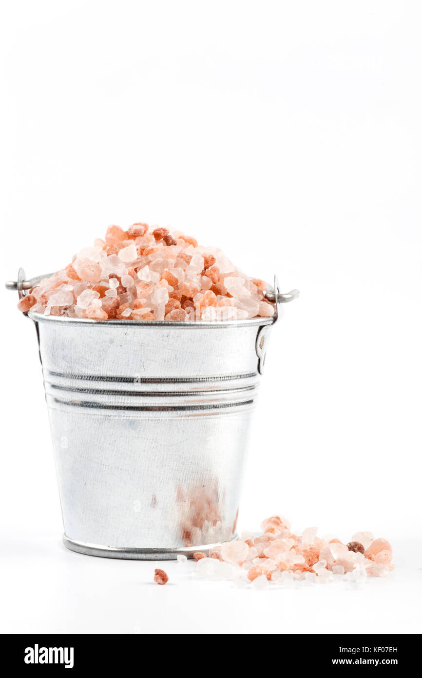 Himalayan Salt Raw Crystals Pile in Silver Metal Bucket Isolated on ...