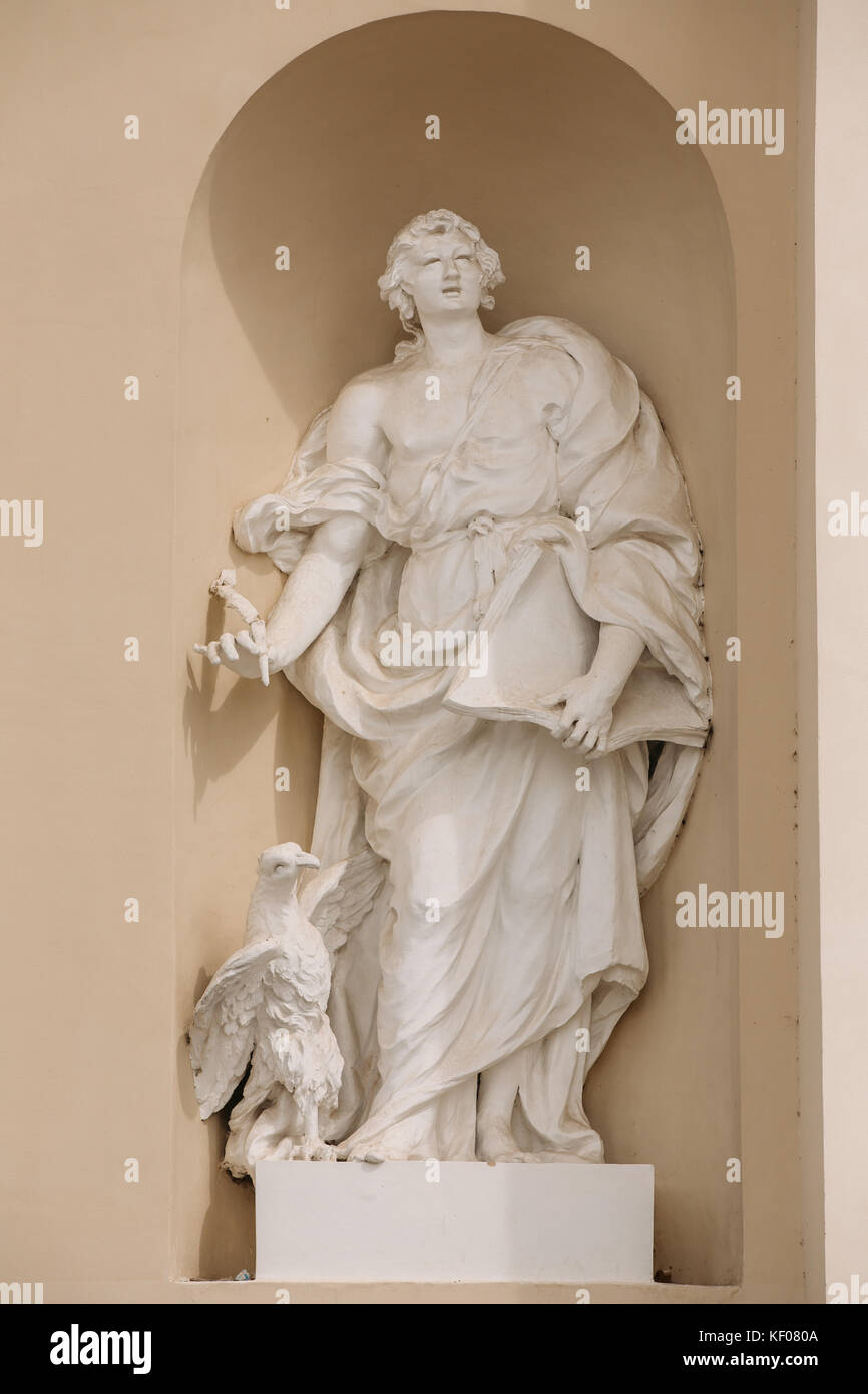 Vilnius, Lithuania. Close View Of Statue On Facade Of Cathedral ...