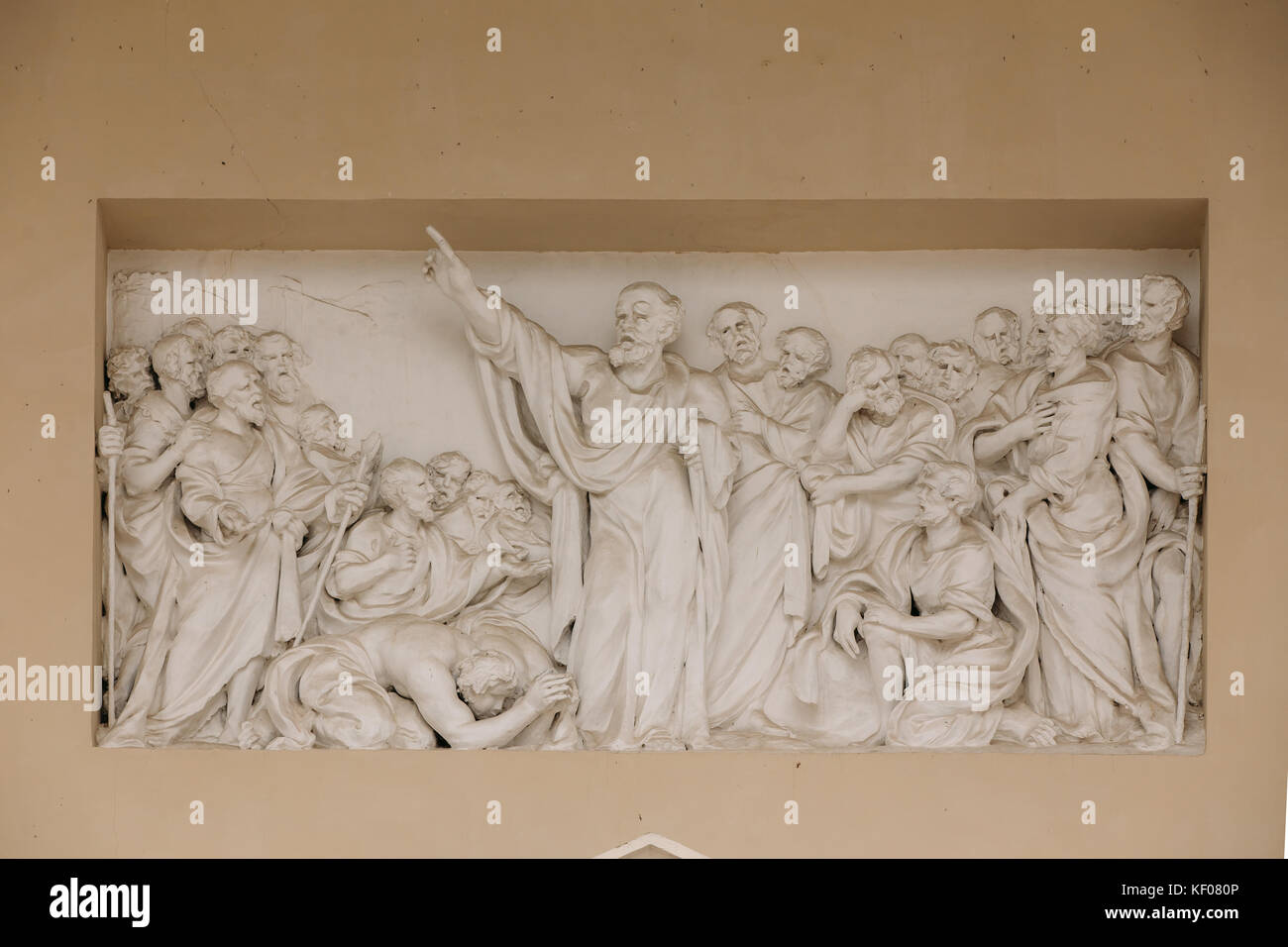 Vilnius, Lithuania. Close View Of Statue On Facade Of Cathedral ...