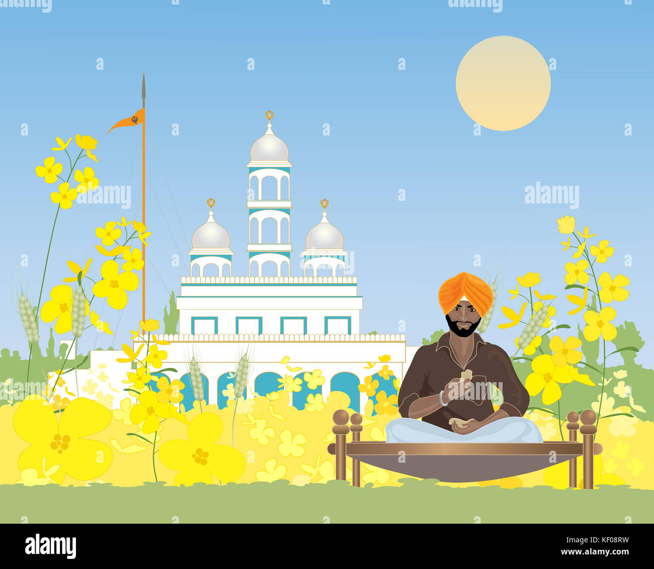 an illustration of a sikh man taking a break from duties at the temple ...