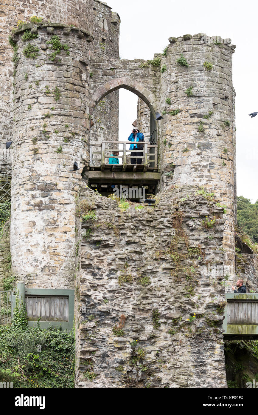 tourist taking photograph from archway, Conwy castle North Wales Stock ...
