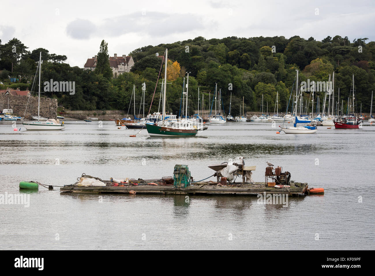 shellfish processing equipment on small barge, Conwy estuary Stock ...