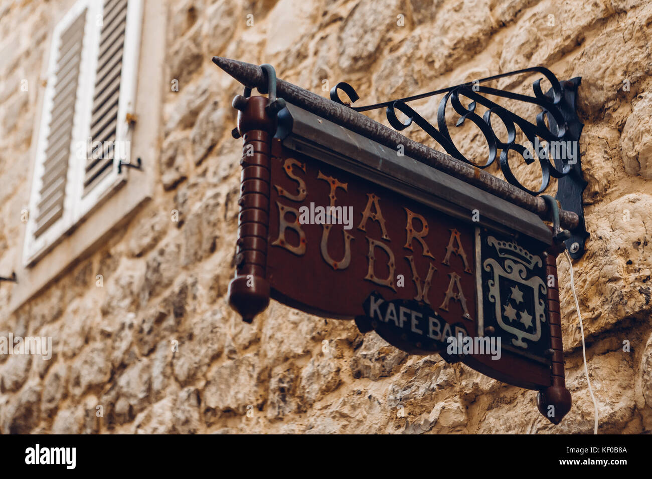 BUDVA, MONTENEGRO - AUGUST 16, 2017: sign in old town in Budva Stock ...