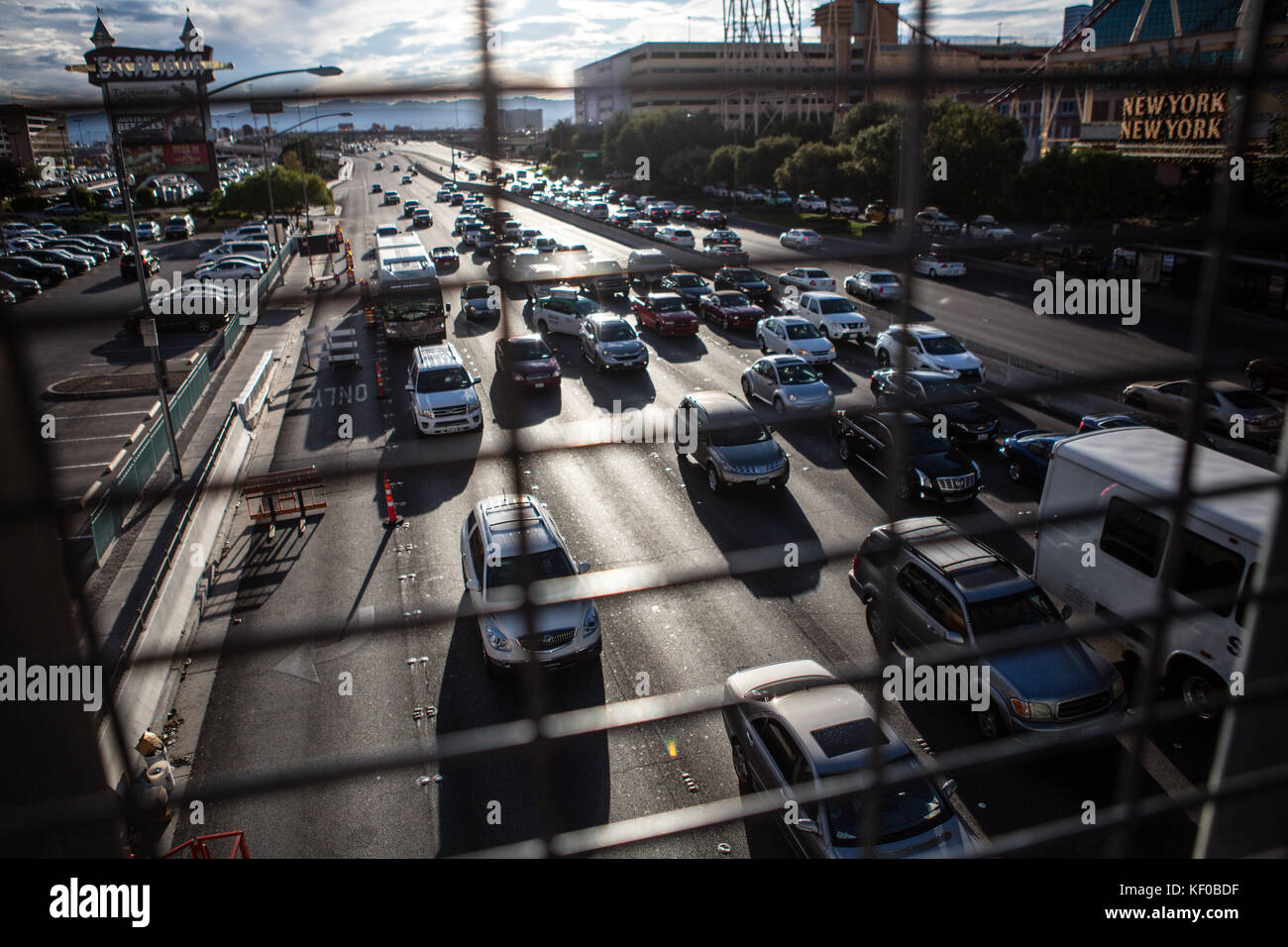 Looking down on a crowded highway from a footbridge in Las Vegas where ...