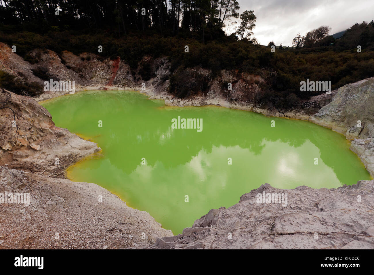 A Craler pond, made yellow by sulphur, at the Wai-o-tapu Geothermal ...