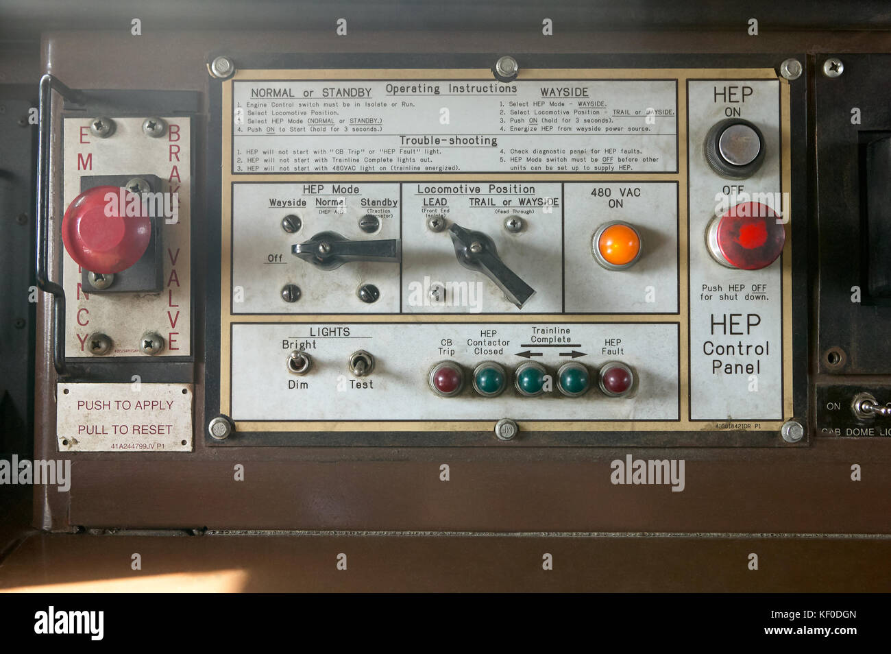 Close up view of a locomotive control panel with multiple colored ...