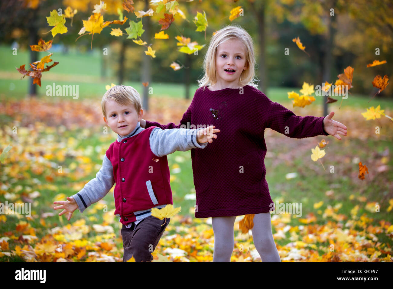 Sweet siblings, brother and sister, playing in the park with leaves ...