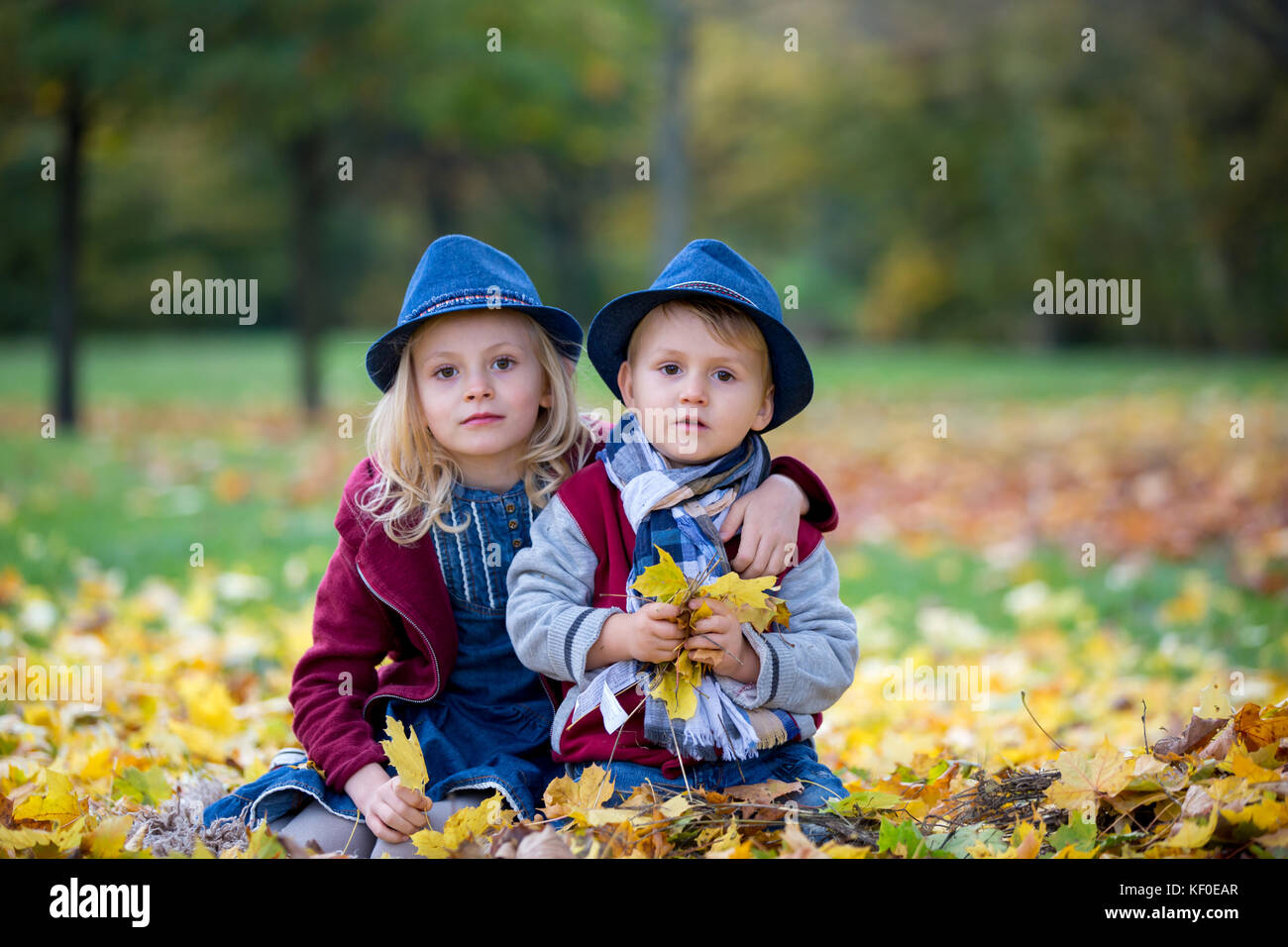 Sweet siblings, brother and sister, playing in the park with leaves ...