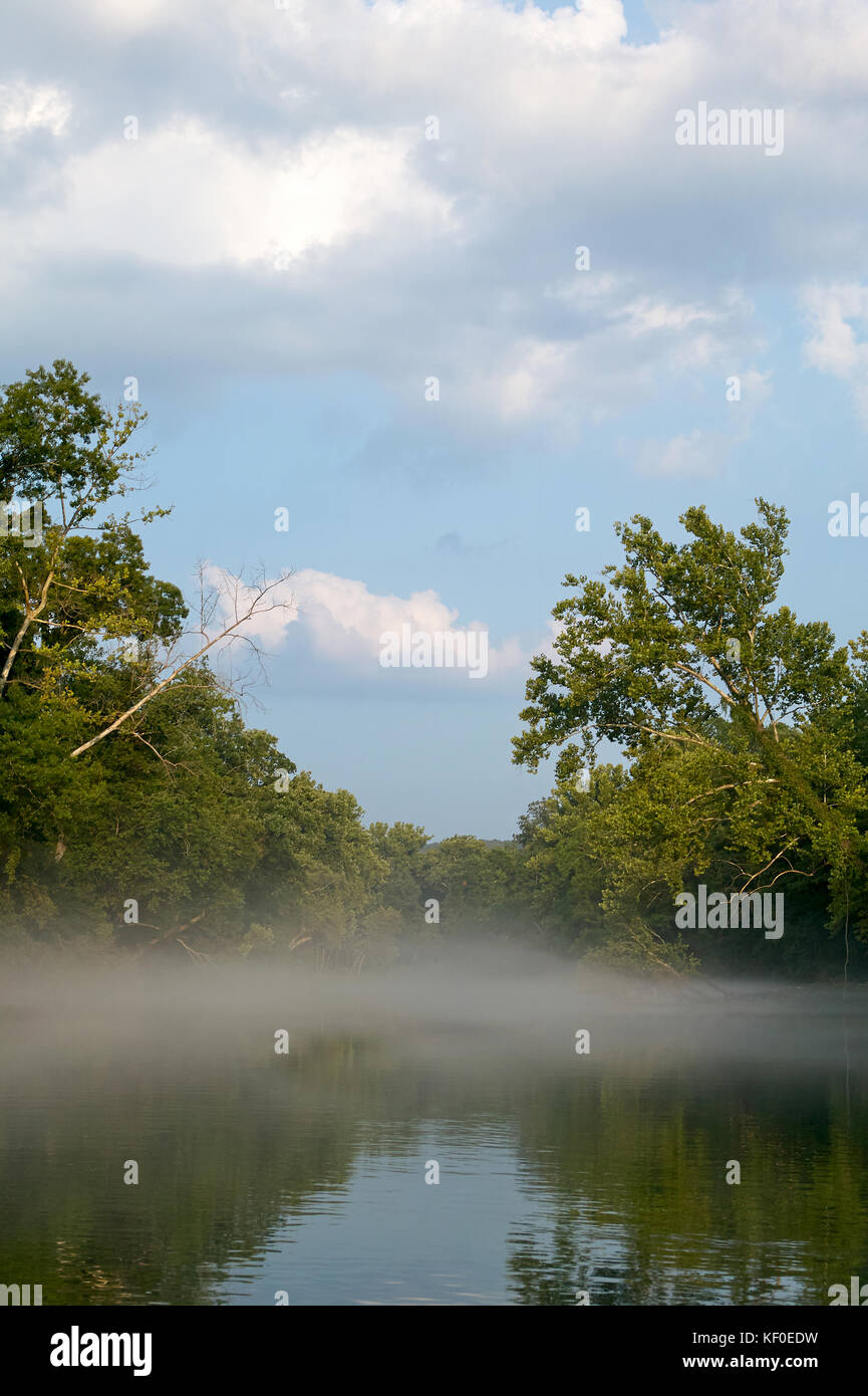 Mist over calm Eleven Point River in Ozarks, Missouri, USA Stock Photo ...
