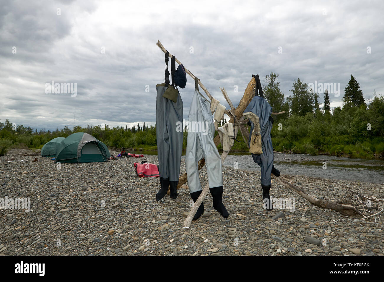 Three pairs of waders hanging out to dry on lashed tree branches on a ...