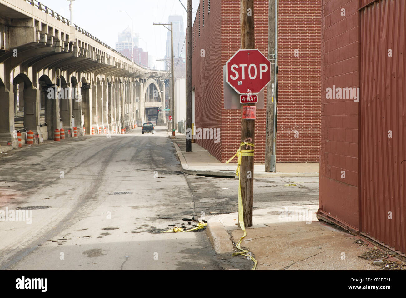 Stop sign in empty street along bridge in Kansas City, Missouri, USA ...