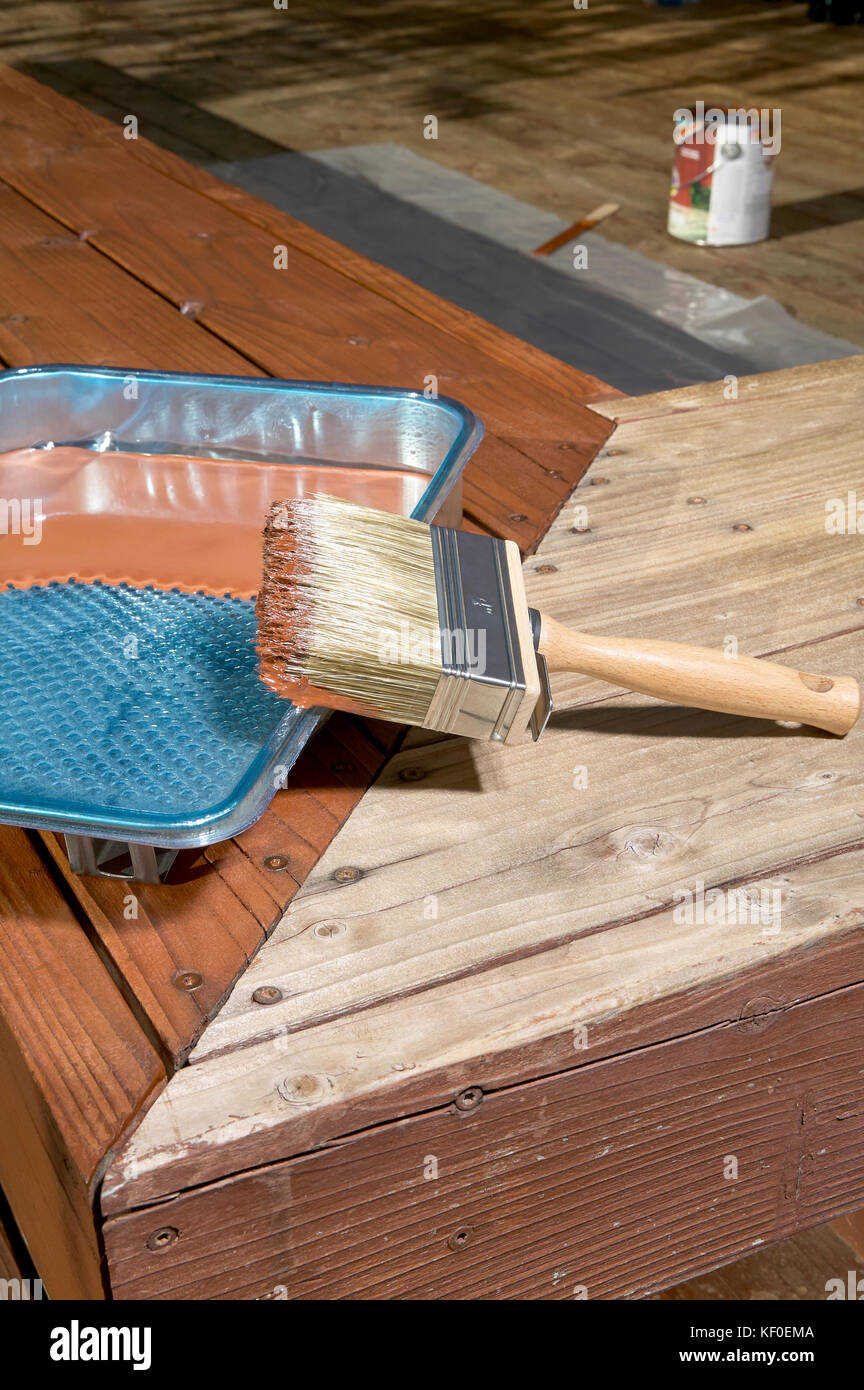 Home improvements or DIY concept with a tray of varnish and paintbrush ...