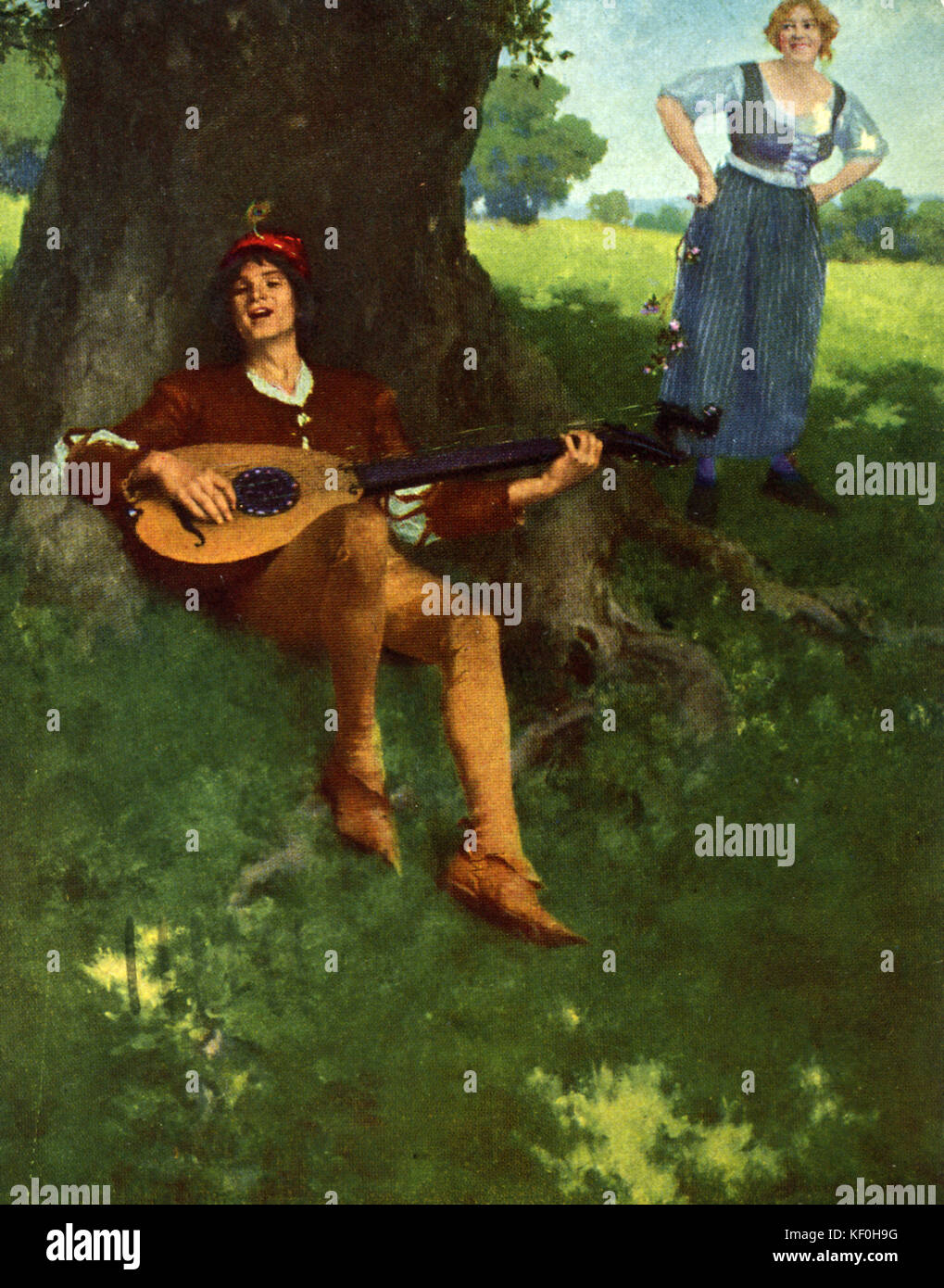 Under the Greenwood tree. Minstrel with a lute serenades a women in a ...