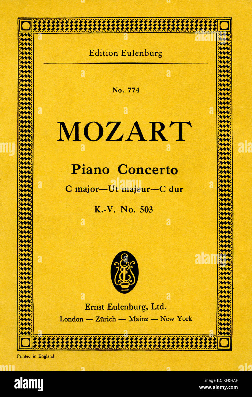 Mozart Piano Concerto KV no. 503. C major. Composed 1786. Score cover ...