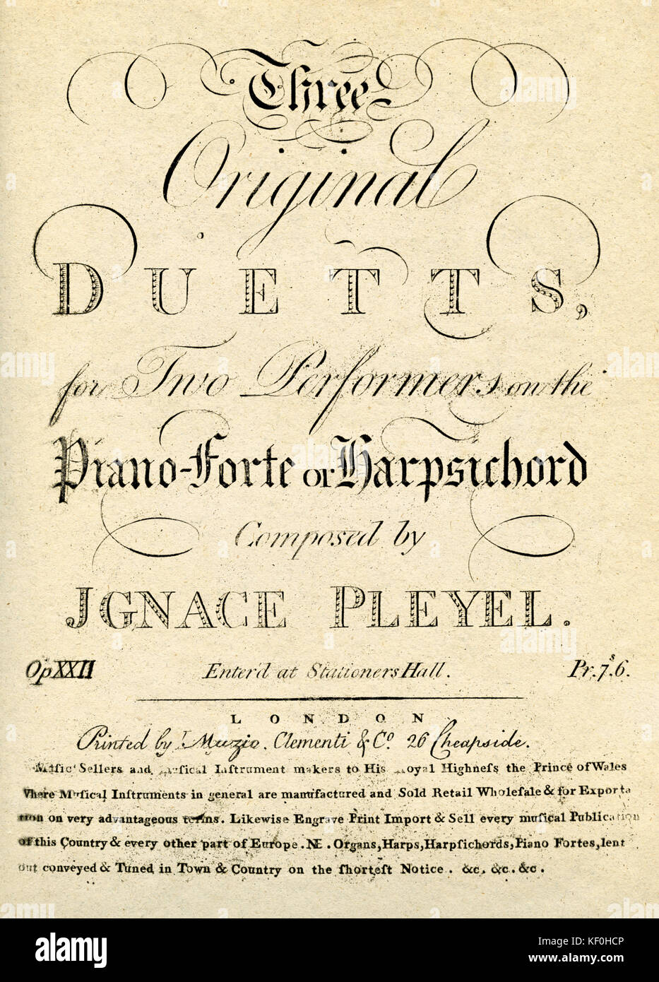 Ignace (Ignaz) Pleyel 's Opus 22, ' Three Original Duetts for two ...