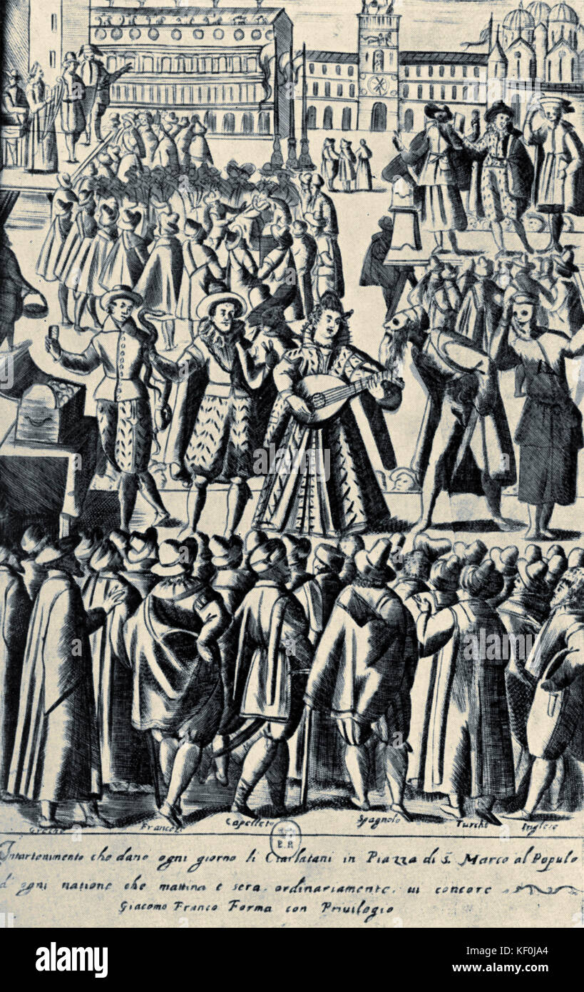 Musicians, actors and charlatans on San Marco Square, Venice. Wearing ...