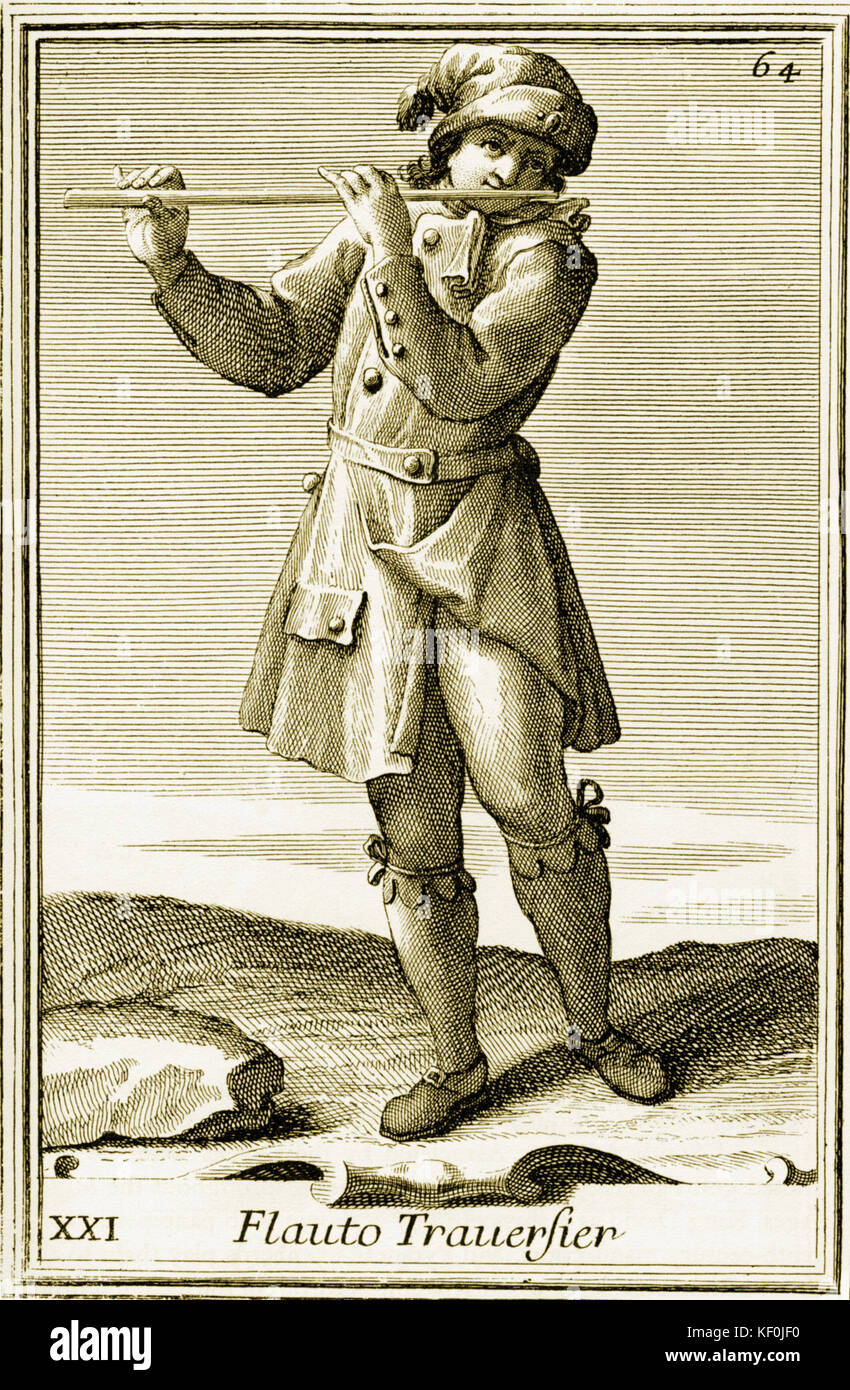Transverse flute played by baroque musician. Illustration from Filippo ...