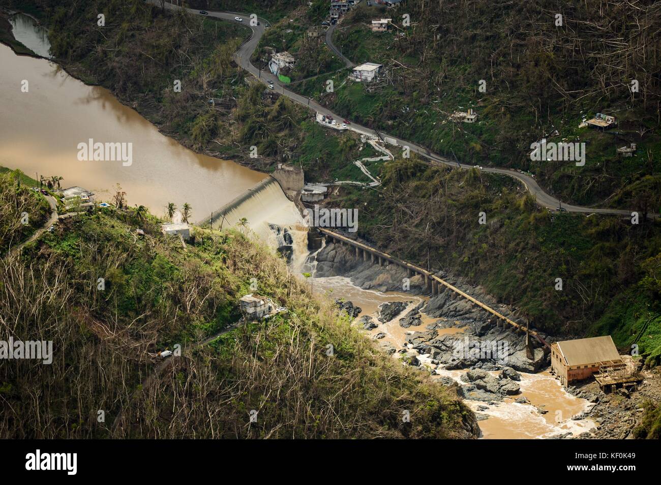 Aerial view of a flooded dam in the aftermath of Hurricane Maria ...