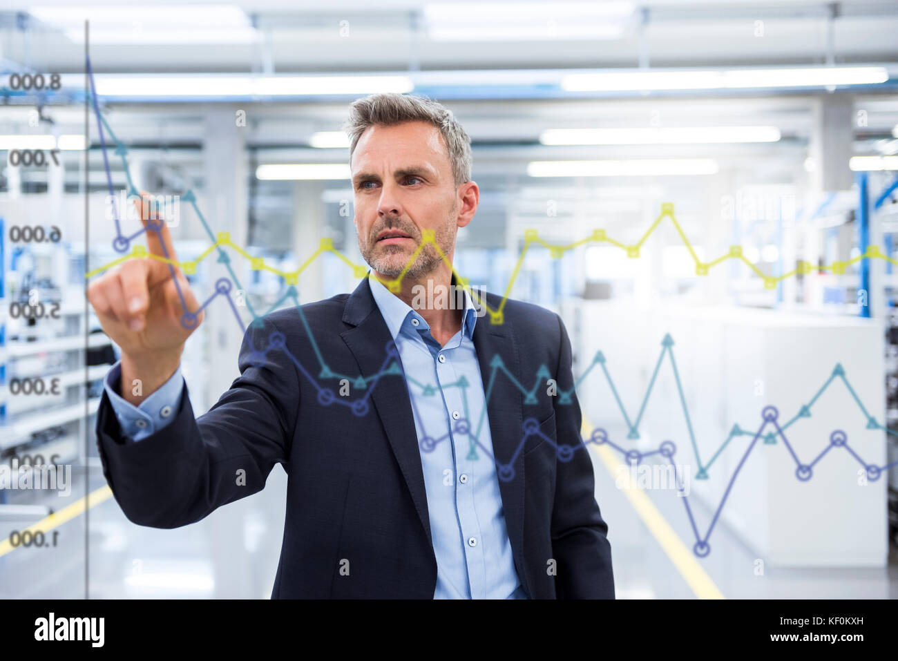 Businessman looking at graph on glass pane in factory hall Stock Photo ...