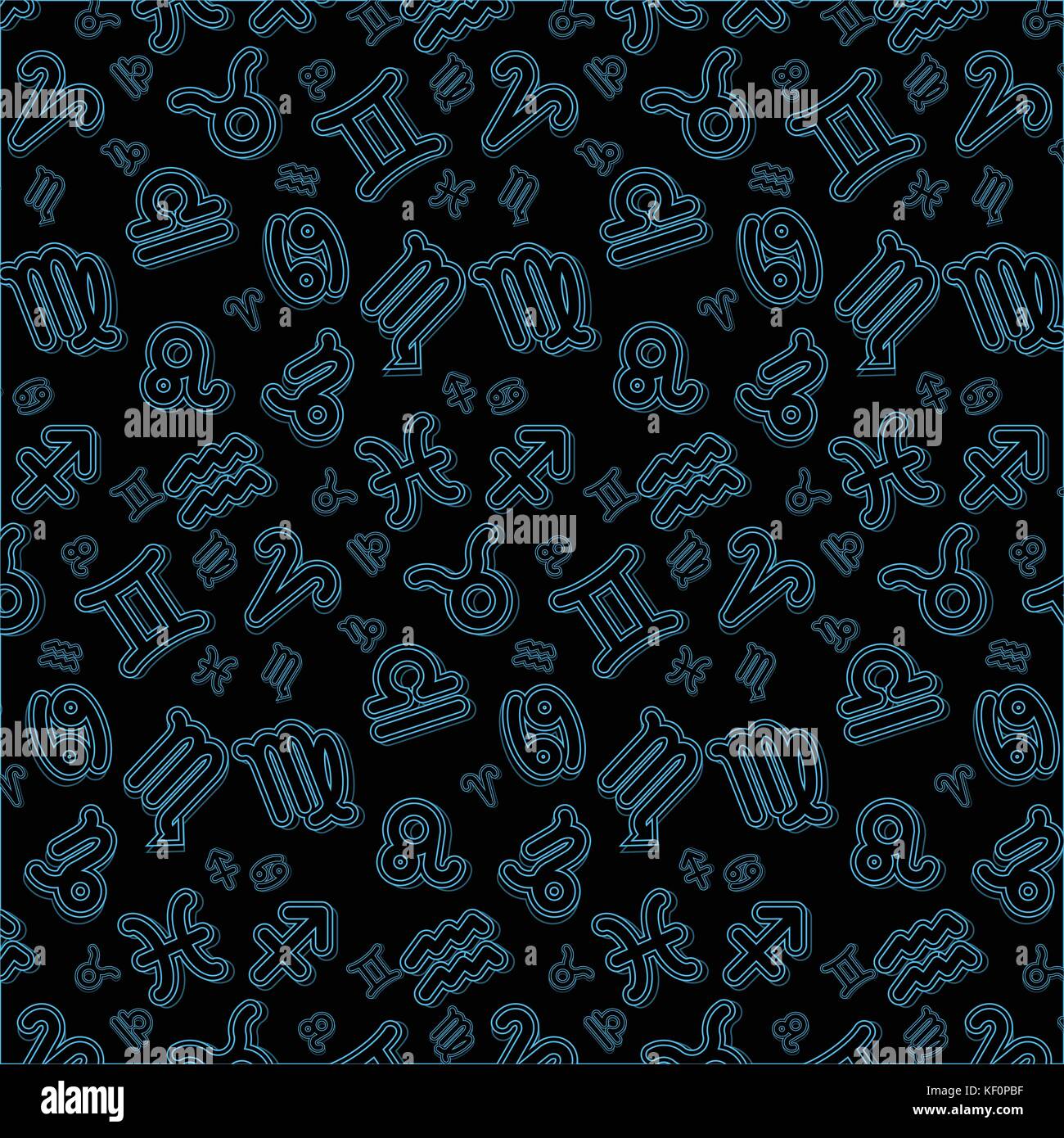 Neon blue outline zodiac astronomy sign symbol icon pattern on black ...