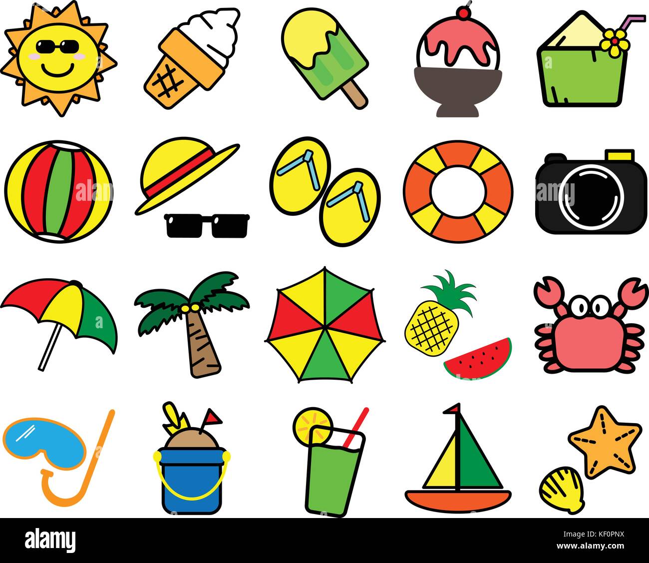 Colorful variety summer items icon symbol on white background Stock ...