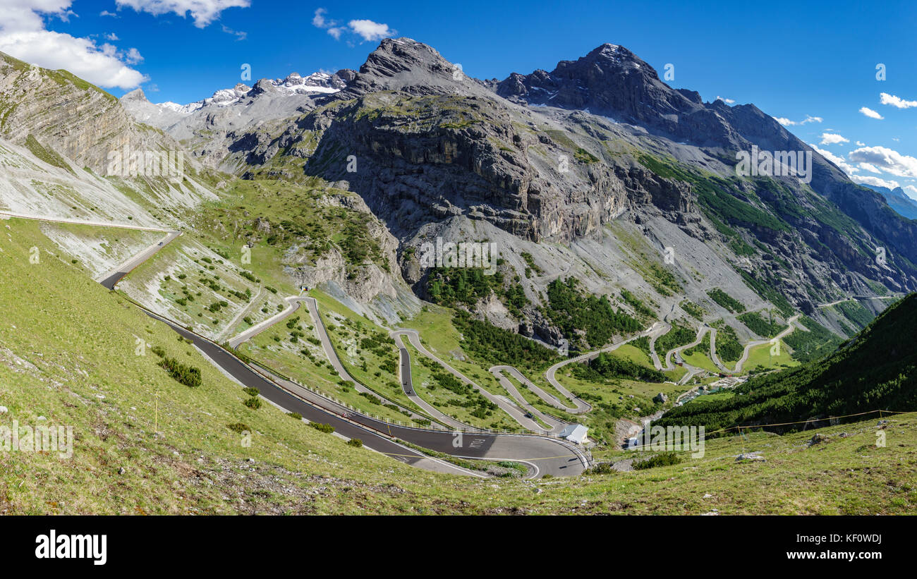 Serpentine road and mountain peaks in Stelvio Pass from Bormio Stock ...