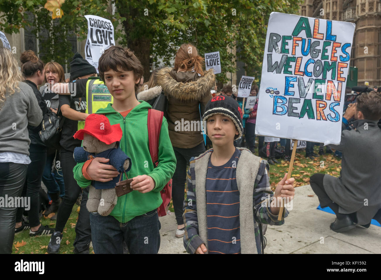 London, UK. 24th October 2017. Two young protesters with a Paddington ...