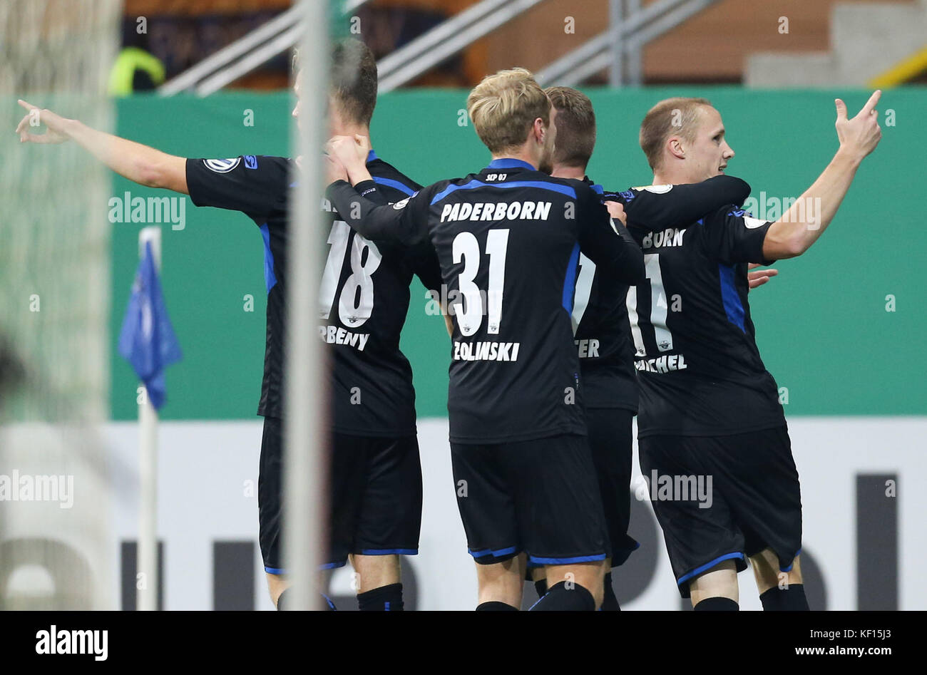 Paderborn scorer Sven Michel (R) celebrating his scoring the opening ...