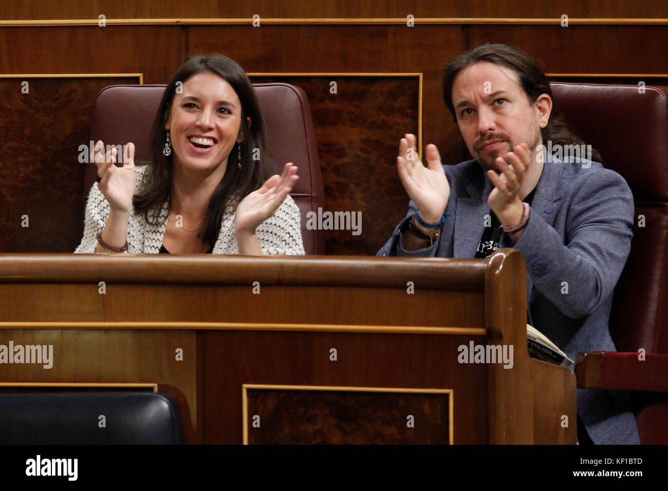 Madrid, Spain. 25th Oct, 2017. Podemos leader Pablo Iglesias and ...