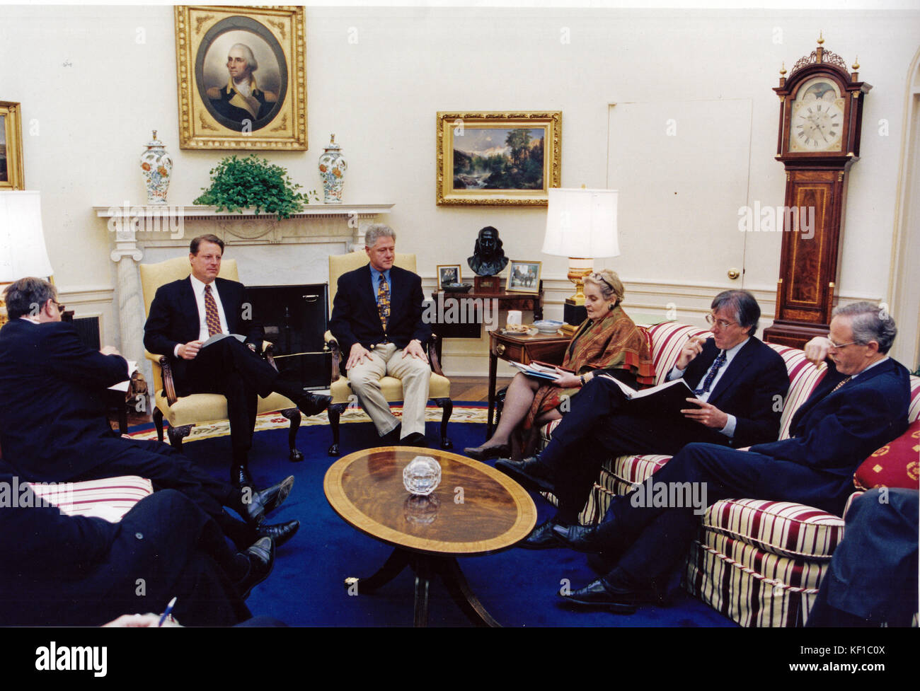 United States President Bill Clinton meets with (from left to right ...