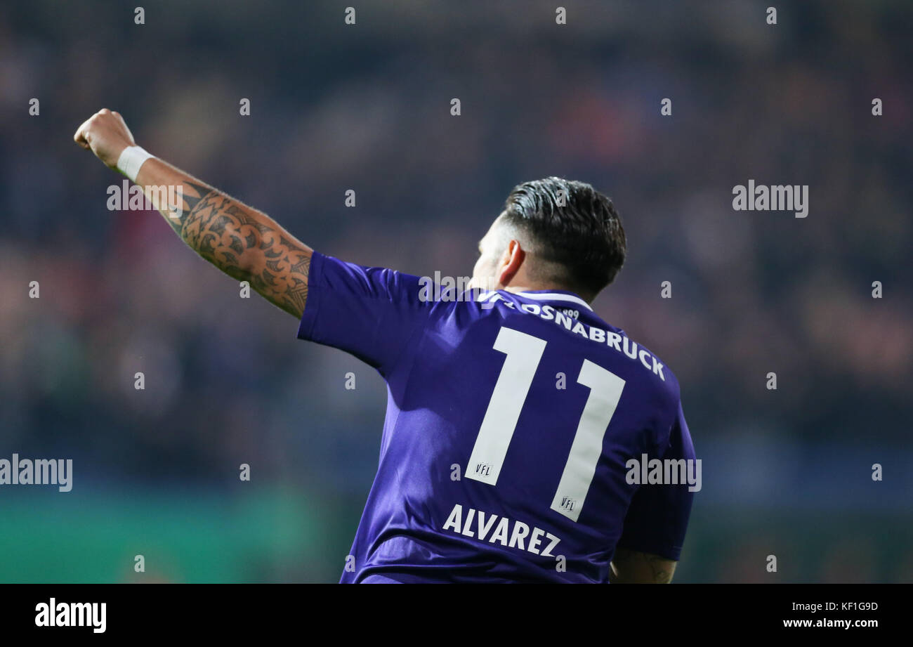 Osnabruck scorer Marcos Alvarez celebrating his scoring of the match's ...