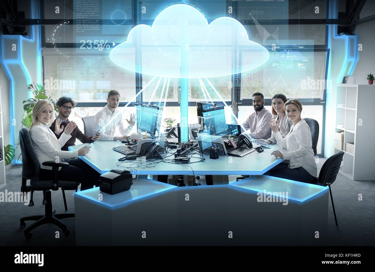happy business team with cloud computing hologram Stock Photo - Alamy
