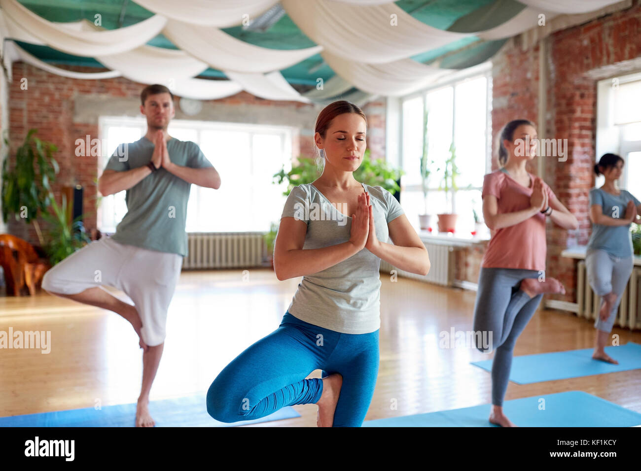 group of people doing yoga tree pose at studio Stock Photo - Alamy
