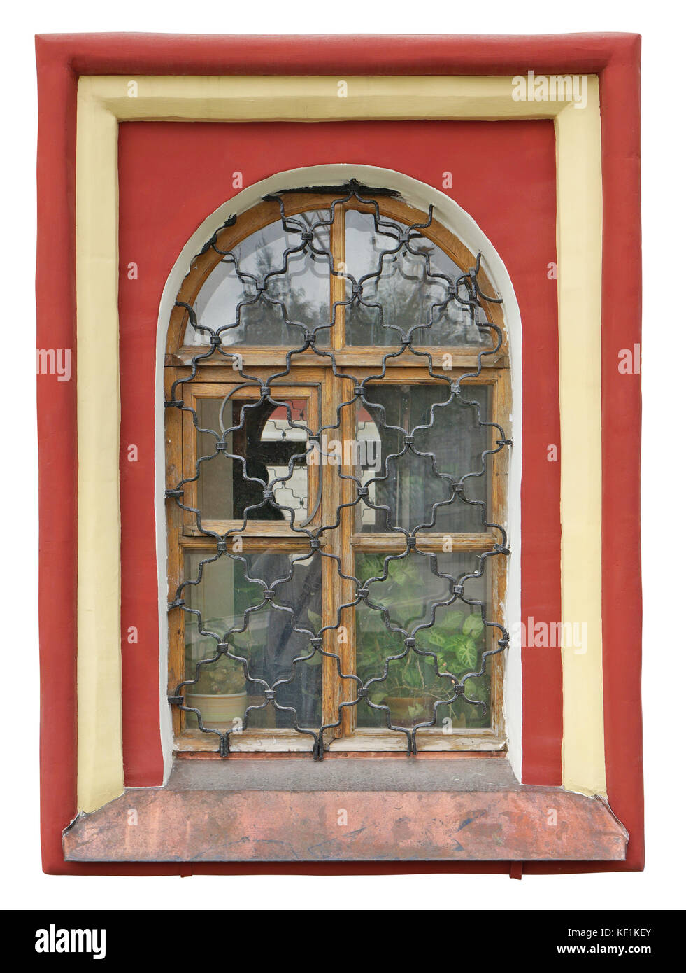 Retro window with copper window sill and black iron curved protective ...