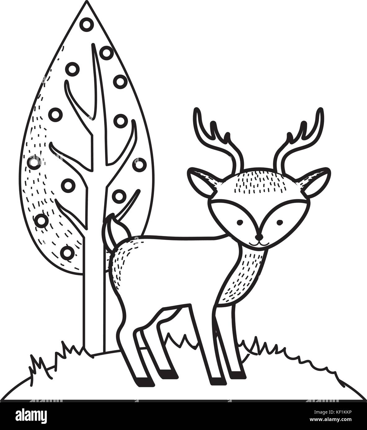 line cute deer wild animal next to tree Stock Vector Image & Art - Alamy