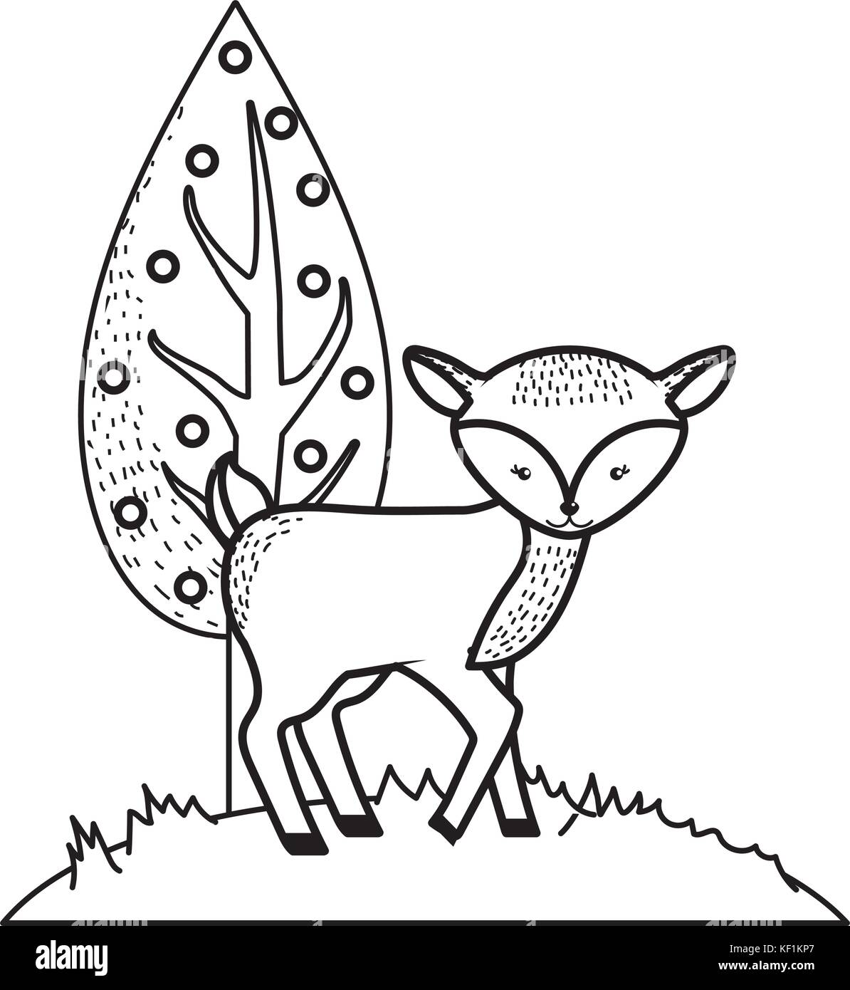 line cute deer wild animal next to tree Stock Vector Image & Art - Alamy