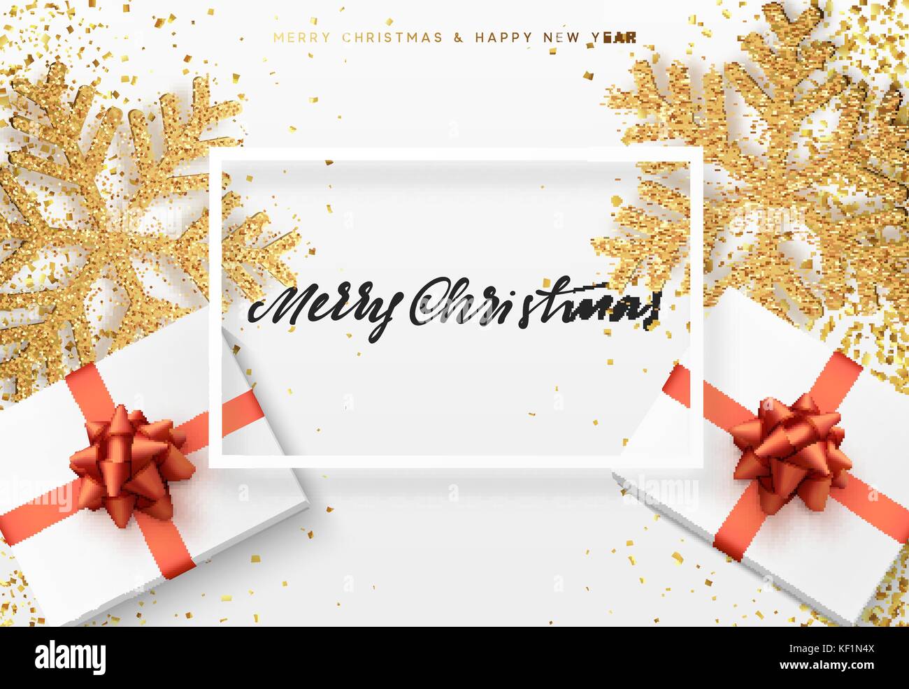 Christmas background with gifts box and shining golden snowflakes Stock ...