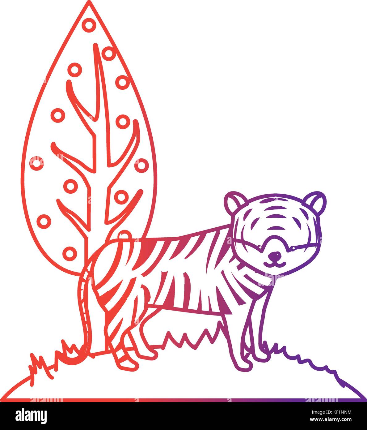 line cute tiger wild animal next to tree Stock Vector Image & Art - Alamy