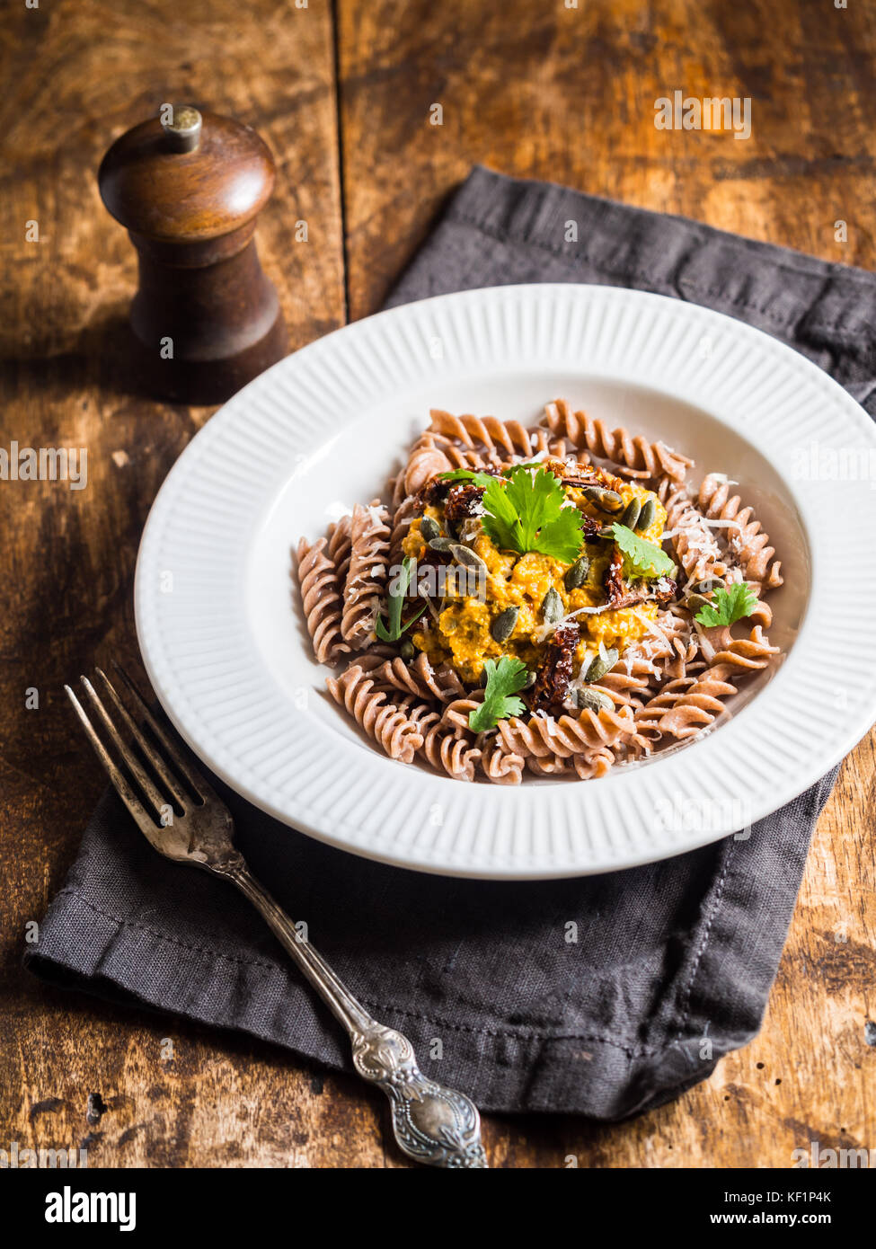 Homemade pumpkin pesto with whole grain spelt pasta Stock Photo - Alamy