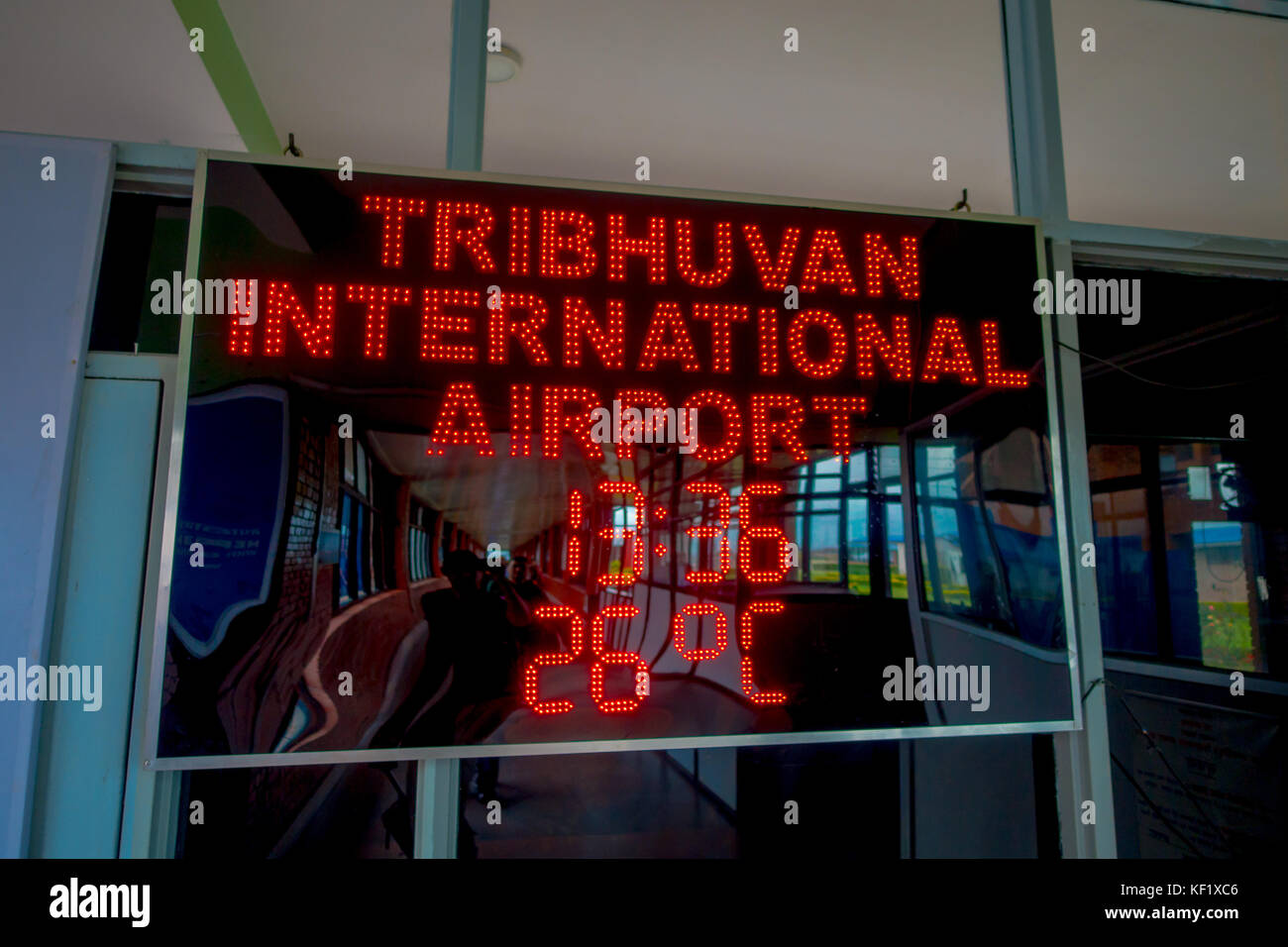 Kathmandu, Nepal, November 02, 2017: Informative sign in red lights ...