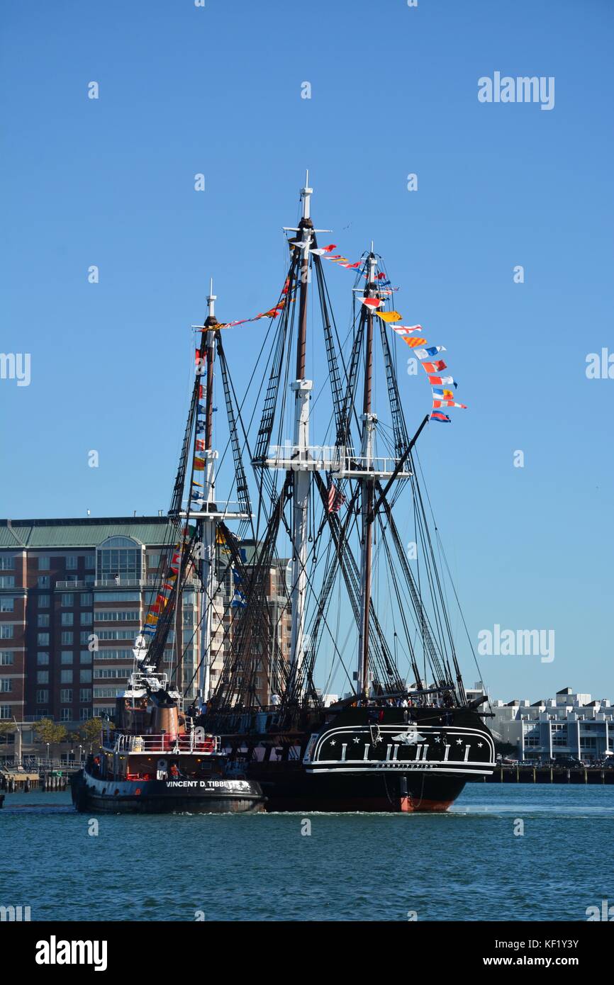 The historic USS Constitution sailing in Boston Harbor after a series ...