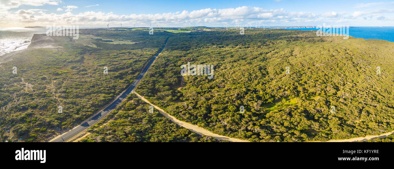 Aerial panorama of rural road passing through beautiful Australian ...
