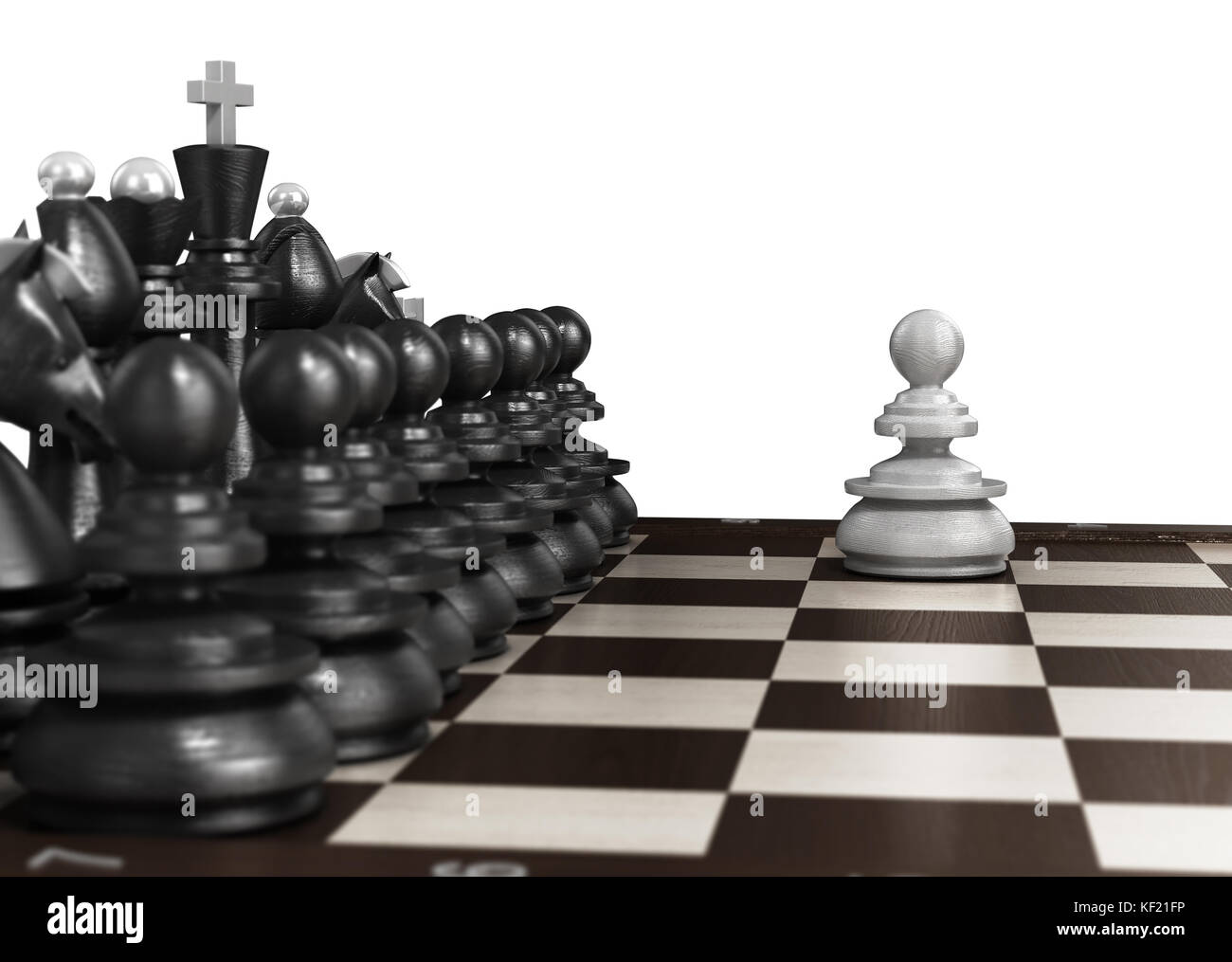 white pawn standing in front laid out in a row of black chess on ...