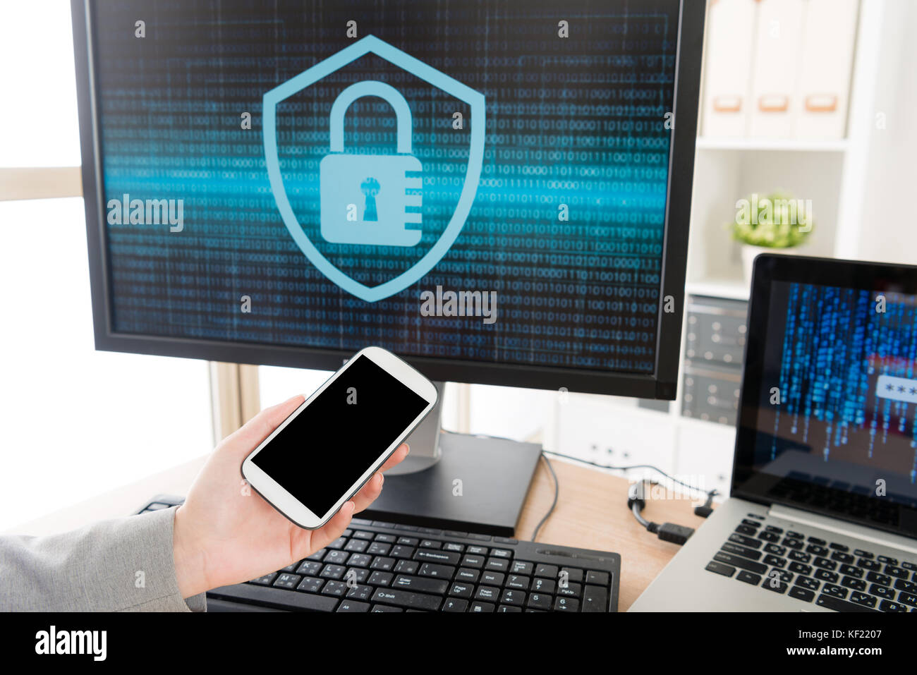 business woman presenting mobile cell phone empty screen with cyber ...