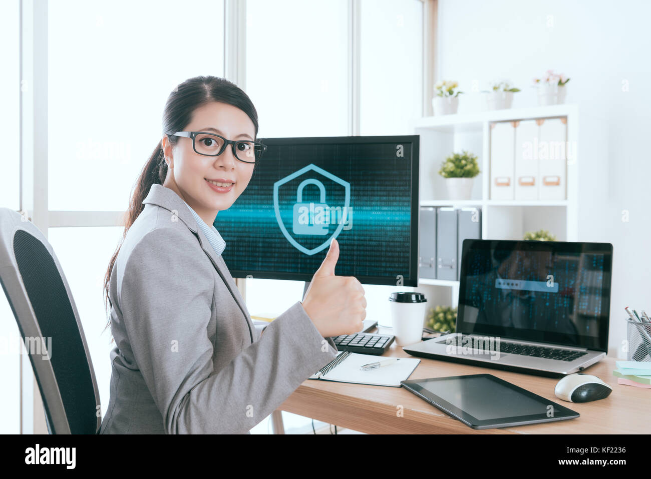beautiful happy business woman rights working on personal information ... beautiful happy business woman rights working on personal information ...